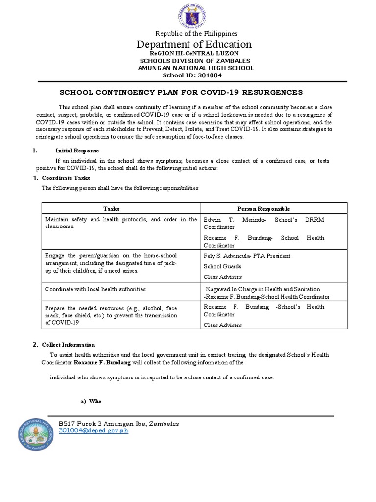Department of Education: School Contingency Plan For Covid-19 ...