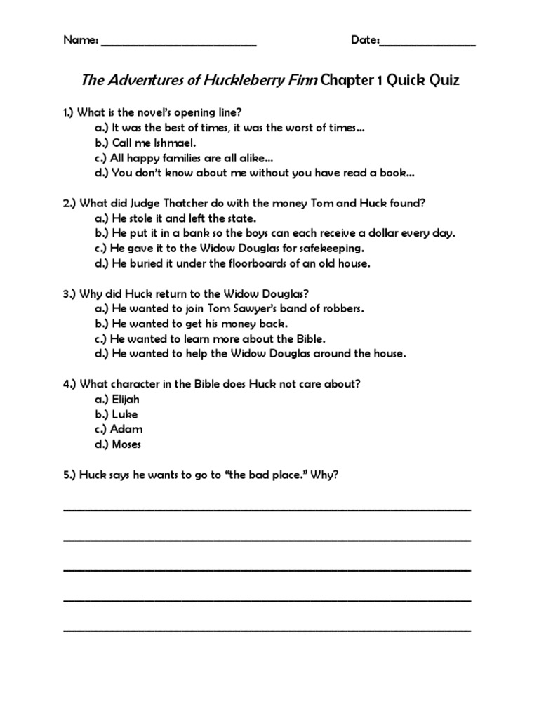 The Adventures of Huckleberry Finn: Chapter 1 Quick Quiz | PDF ...