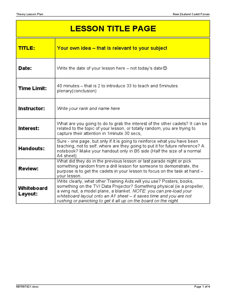 Cadet Theory Lesson Plan Template | PDF | Lesson Plan | Education Theory