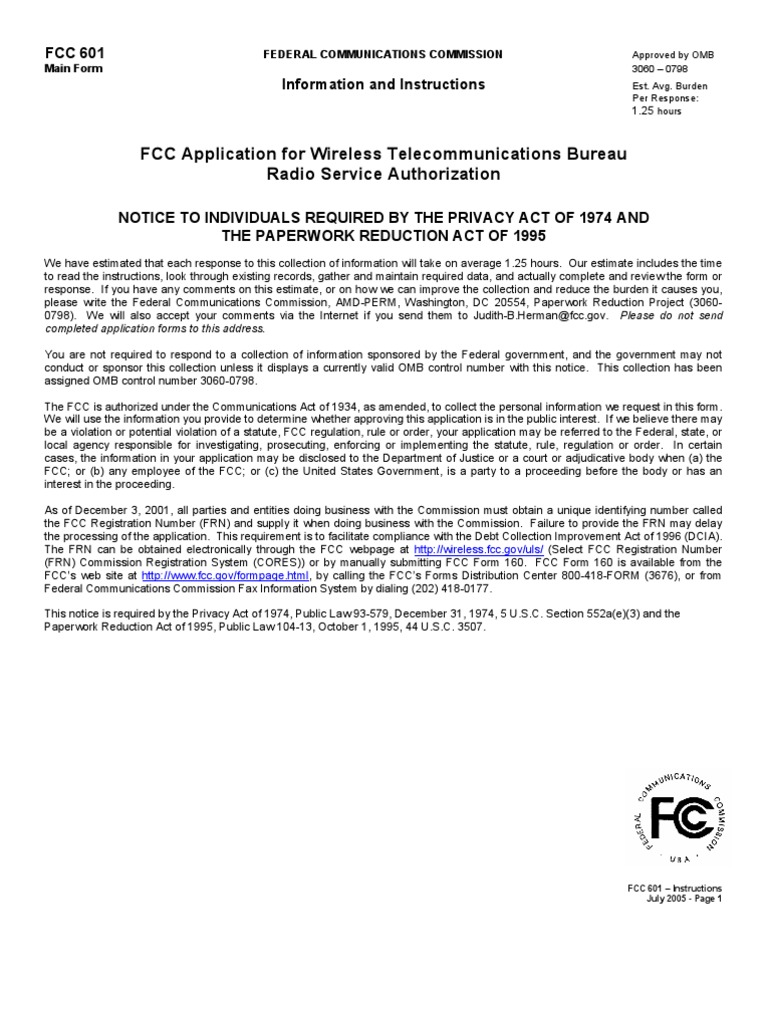 Form 601 & Instructions | PDF | Federal Communications Commission | Radio
