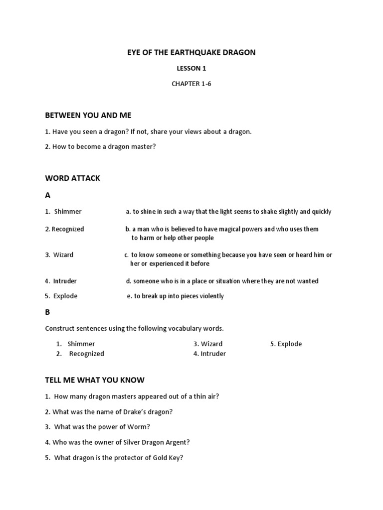 Eye of The Earthquake Dragon Lesson 1 Chapter 1-6 | PDF | Dragon ...
