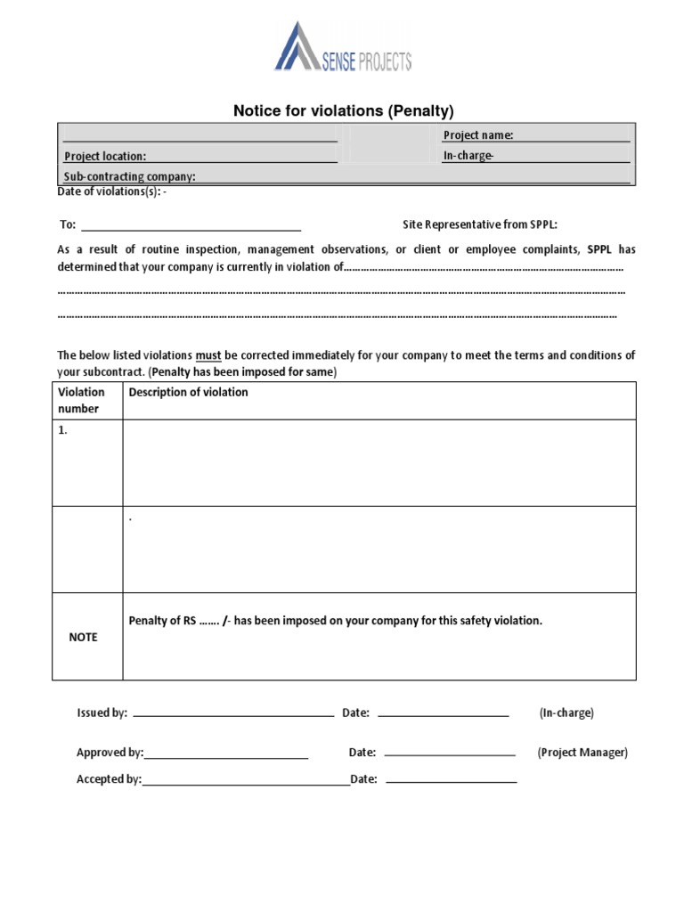 Notice For Violations (Penalty) : Violation Number Description of ...