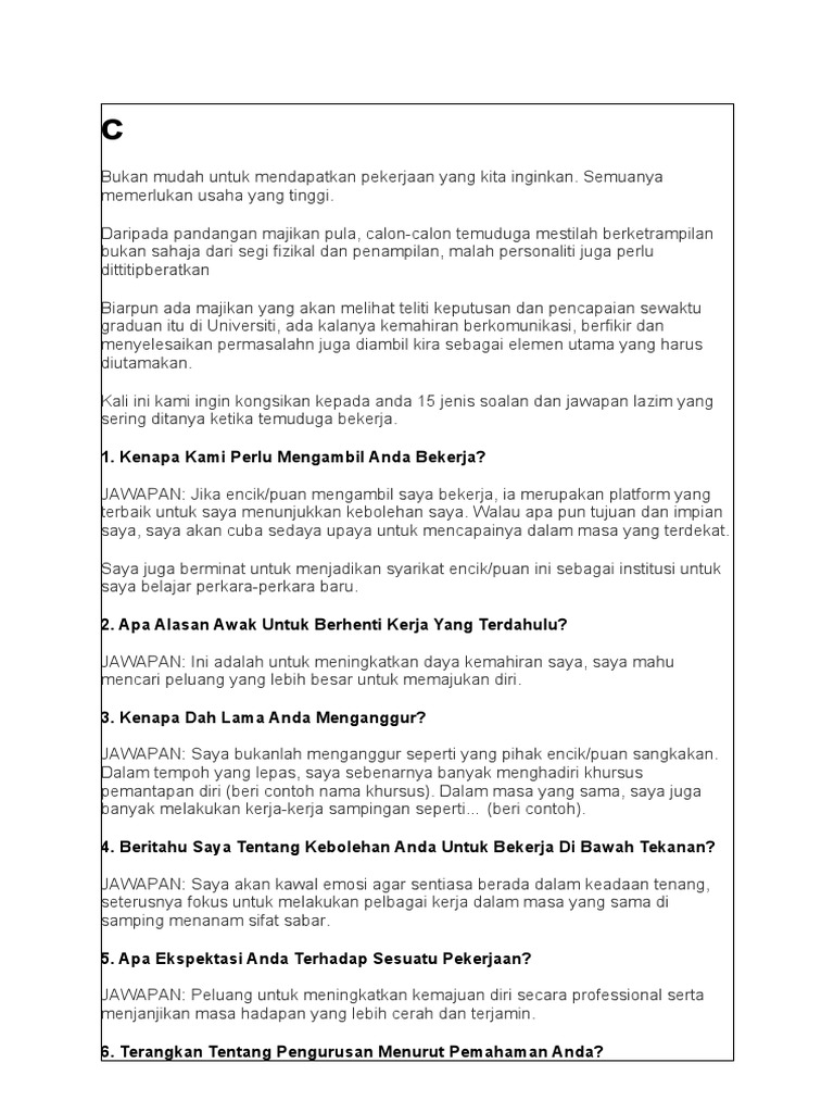Cara Jawab Soalan Temuduga Dengan Baik | PDF