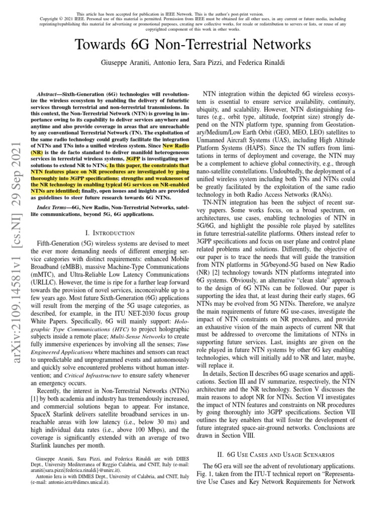 Toward 6g Non Terrestrial Networks Pdf Orthogonal Frequency Division Multiplexing Computer