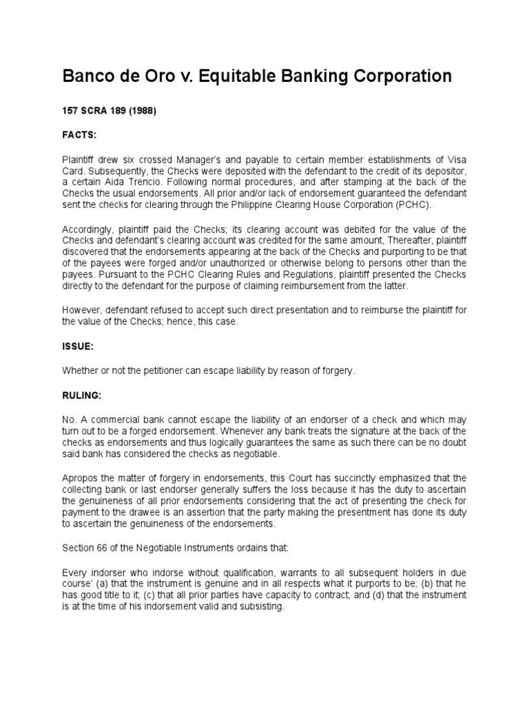 Banco de Oro V Equitable Banking Corp | PDF | Banks | Cheque