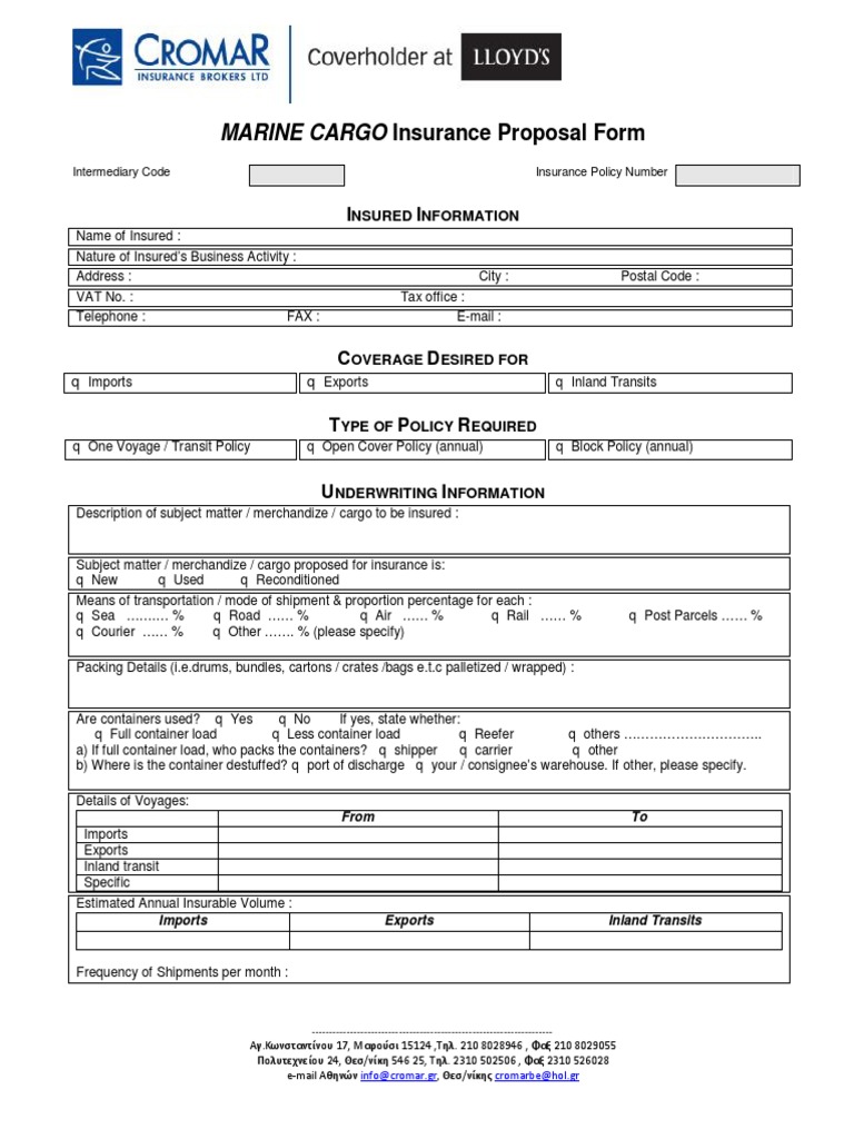 MARINE CARGO Insurance Proposal Form - Cromar | Download Free PDF ...