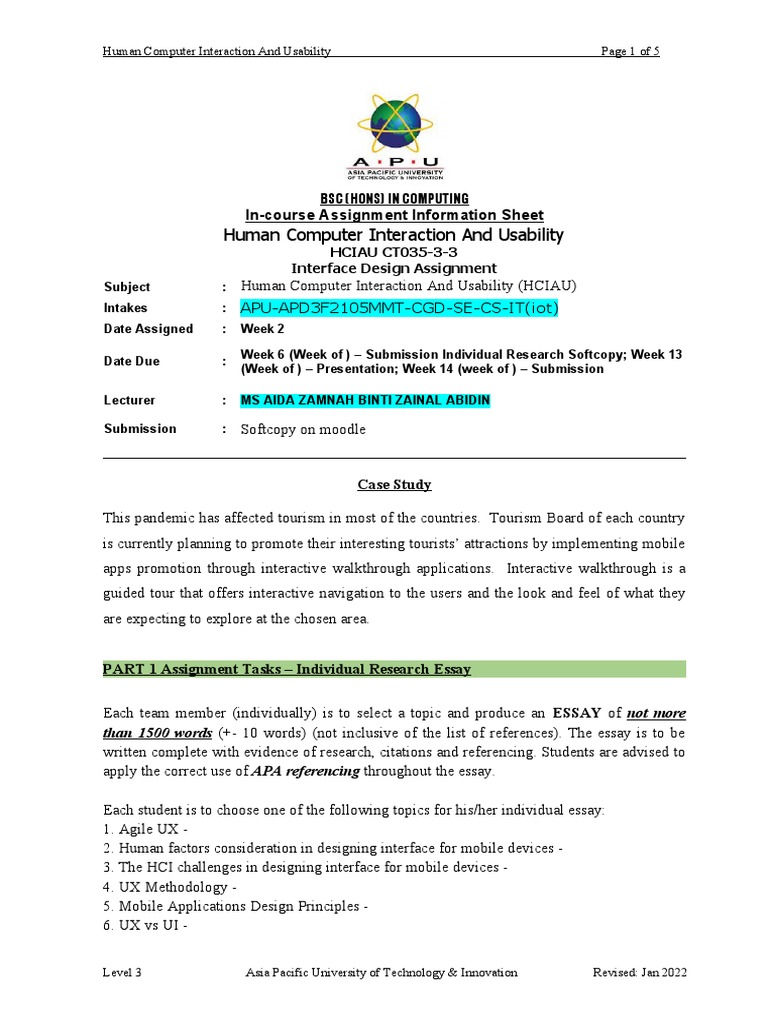 Human Computer Interaction and Usability: In-Course Assignment Information Sheet | PDF ...