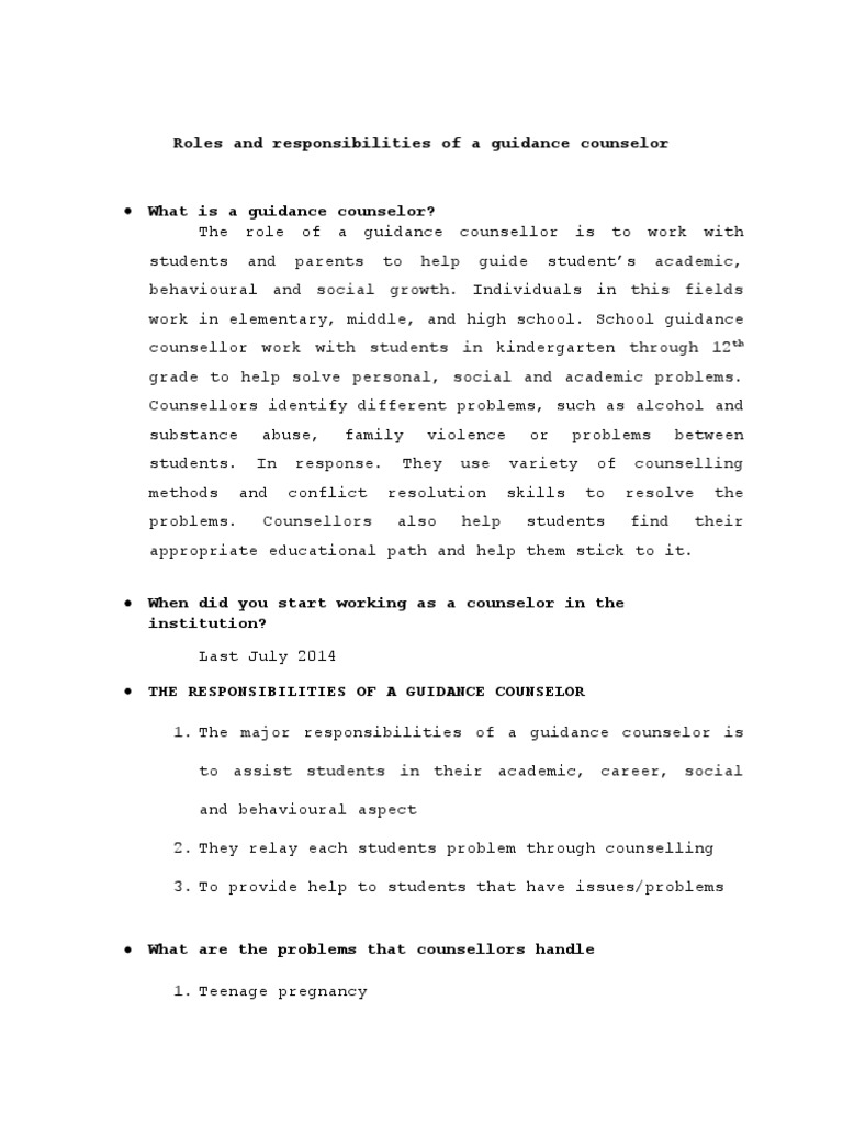 Roles and responsibilities of guidance counselors | PDF | School ...