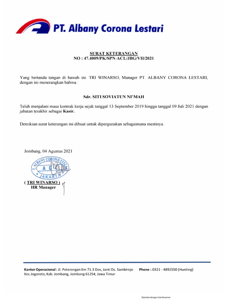 Paklaring PT Albany Corona Lestary | PDF