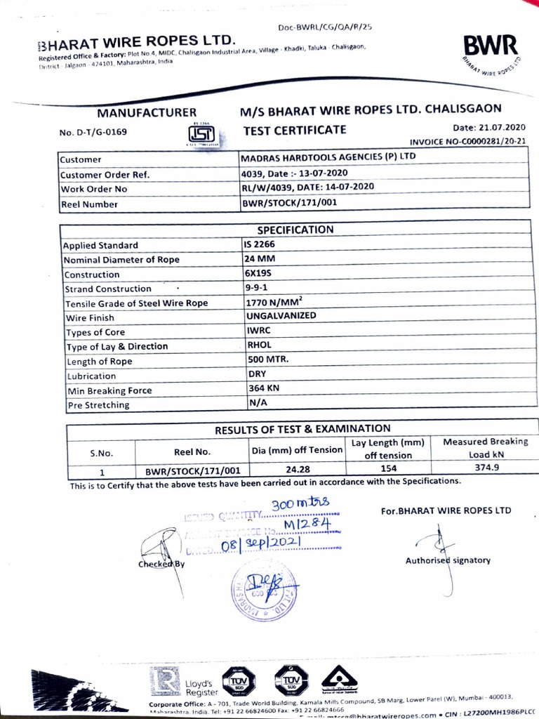 Bharat Wire Ropes Ltd. test certificate | PDF | Rope | Wire
