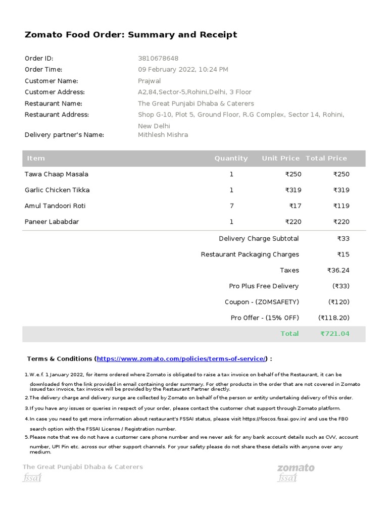 Zomato Food Order: Summary and Receipt: Item Quantity Unit Price Total ...