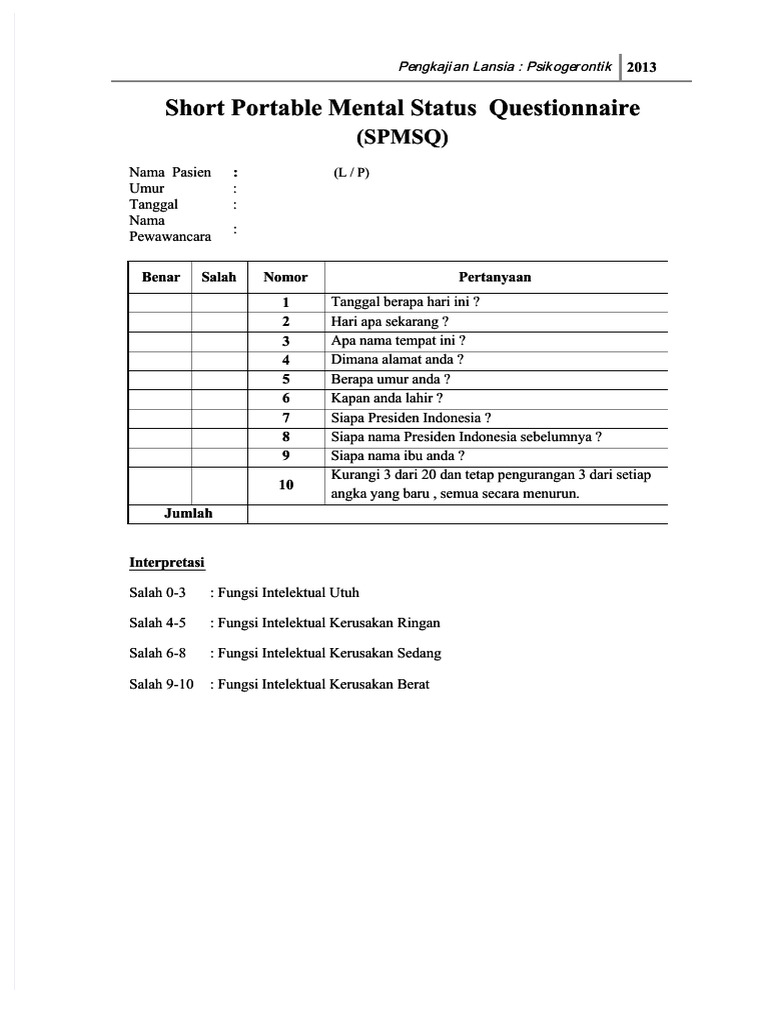 Kuesioner Status Mental Lansia SPMSQ | PDF