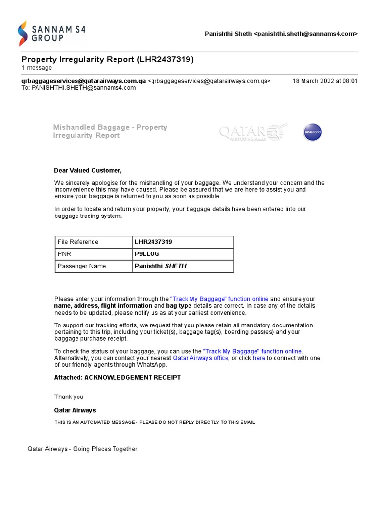 Mishandled Baggage - Property Irregularity Report | PDF | Baggage ...