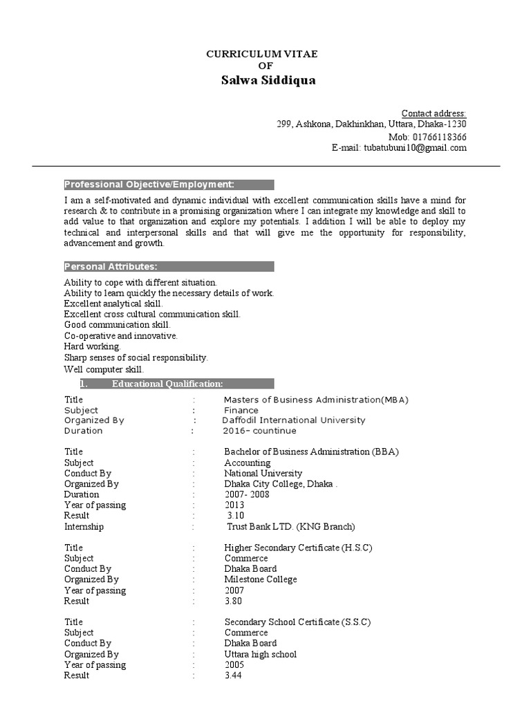 Salwa Siddiqua: Curriculum Vitae OF | PDF | Master Of Business Administration | Cognition