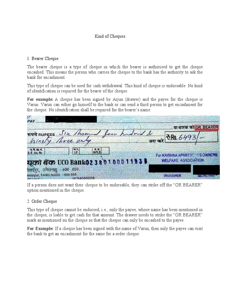 Kind of Cheques: For Example: A Cheque Has Been Signed by Arjun (Drawer ...