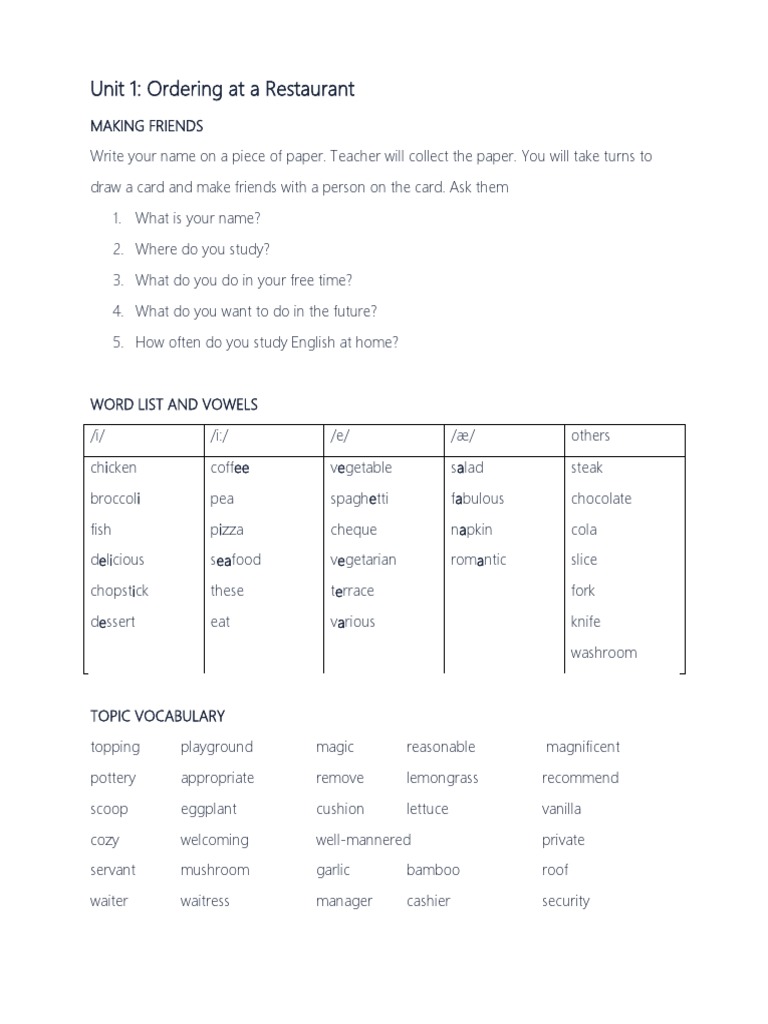 Ordering at a Restaurant: Unit 1 Guide | PDF | Waiting Staff | Restaurants