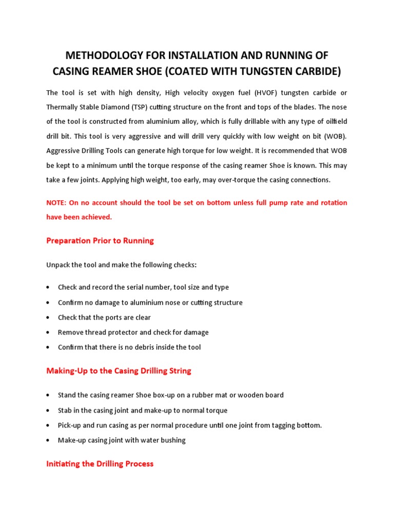 Methodology For Installation and Running of Casing Reamer Shoe | PDF ...
