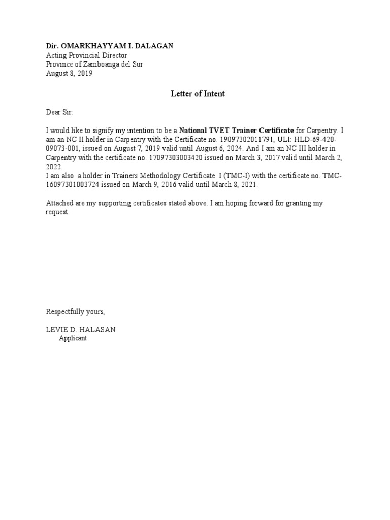 Tesda Letter of Intent | PDF | Educational Stages | Vocational Education