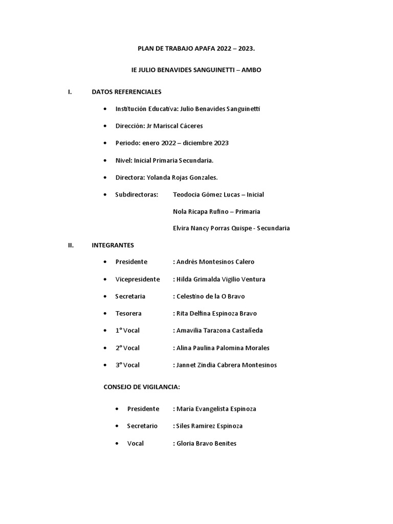 Plan de Trabajo Apafa 2022 | PDF