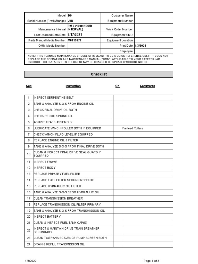 PM 3 (1000 HOUR Interval) : Checklist | PDF | Transmission (Mechanics ...