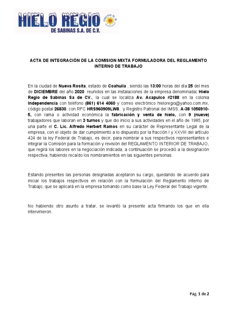 Acta de Integración Comisión Mixta Trabajo | PDF