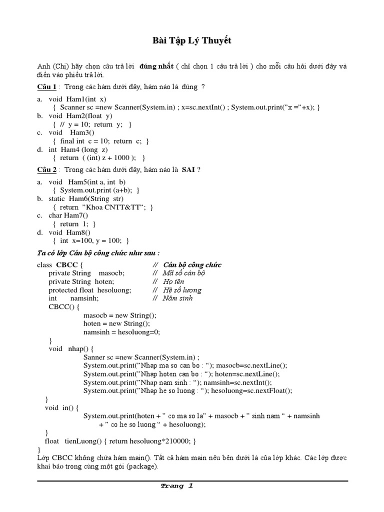 Bai Tap Ly Thuyet - Java - 2021 | PDF