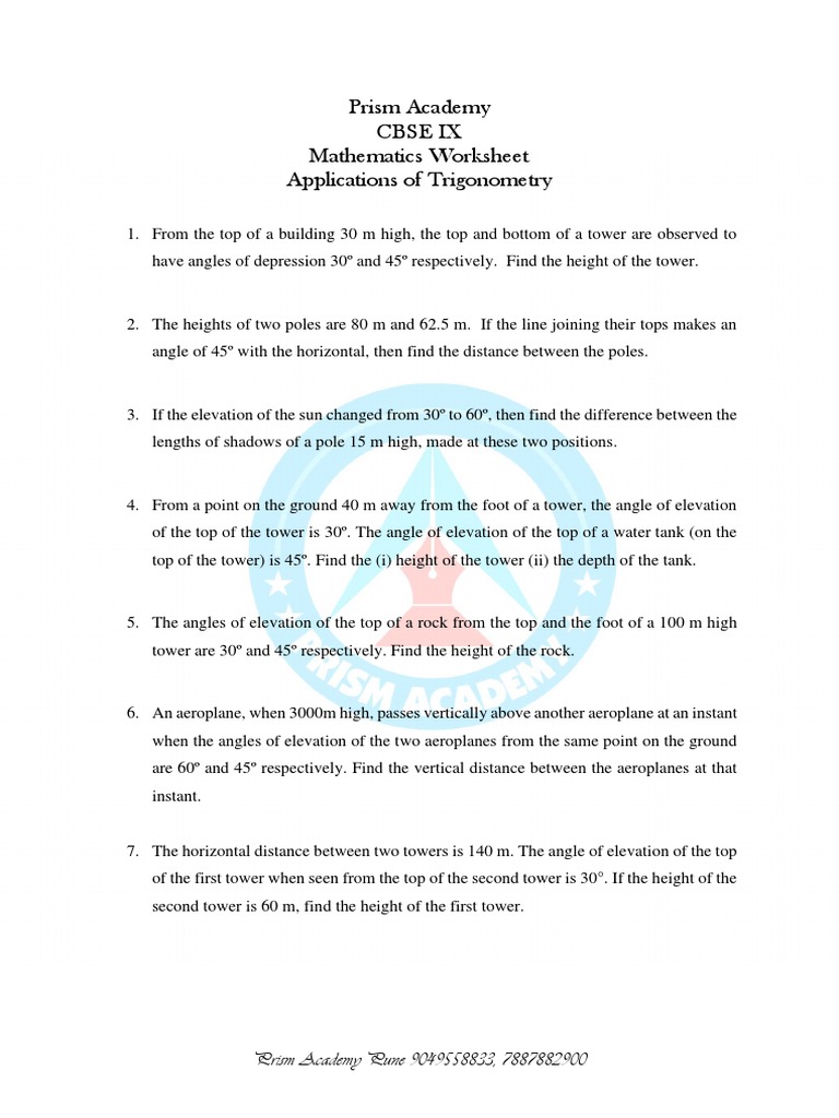 Prism Academy CBSE 10 Worksheet AOT | PDF | Height | Angle