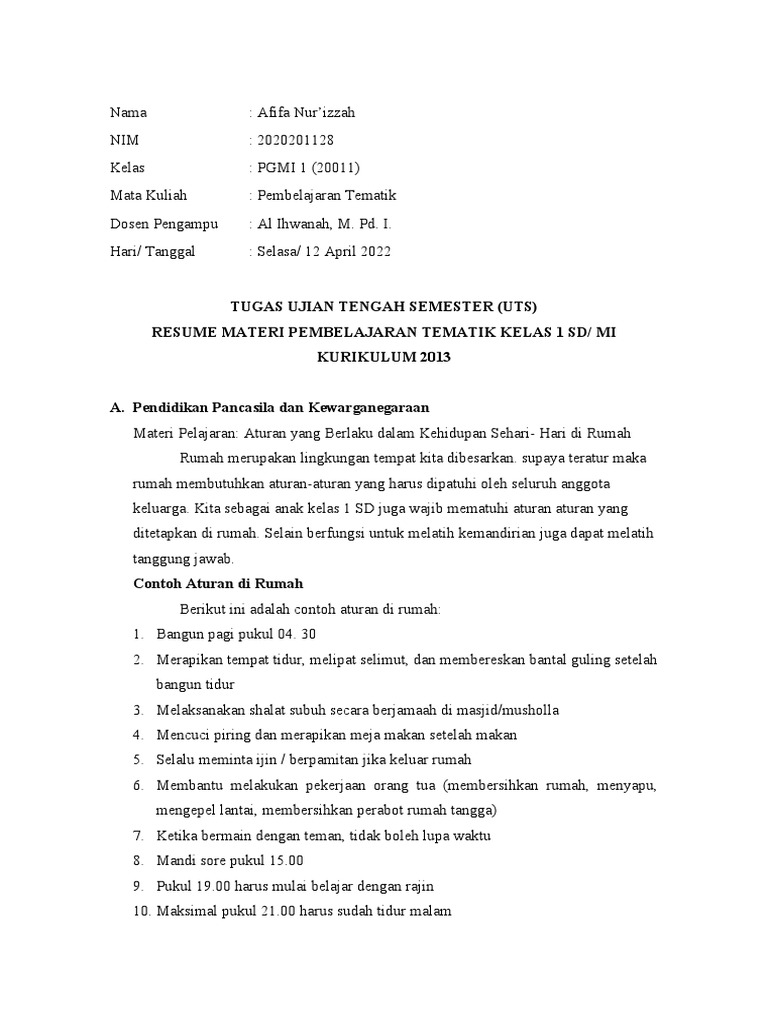 Afifa Nur'izzah (2020201128) Uts Pembelajaran Tematik | PDF