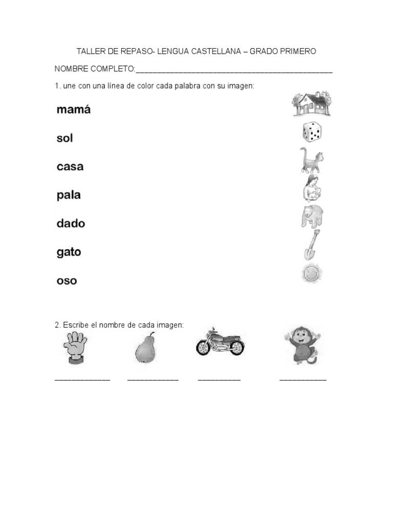 Taller de repaso de español 1° grado | PDF