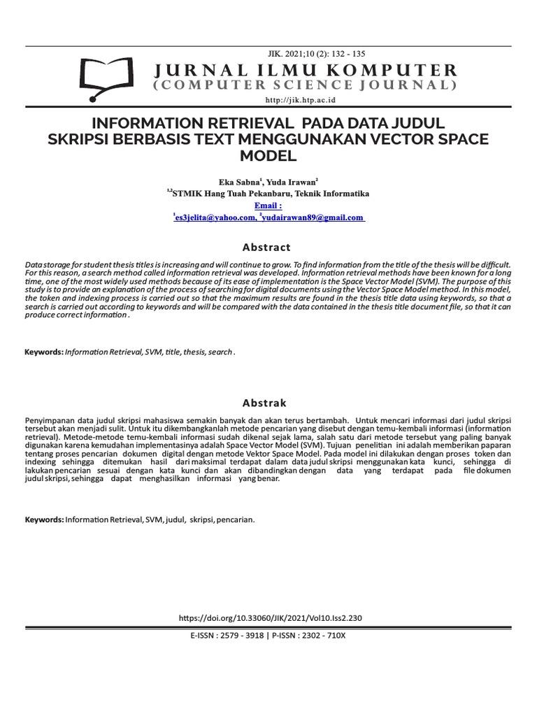 Jurnal Ilmu Komputer: Information Retrieval Pada Data Judul Skripsi Berbasis Text Menggunakan ...