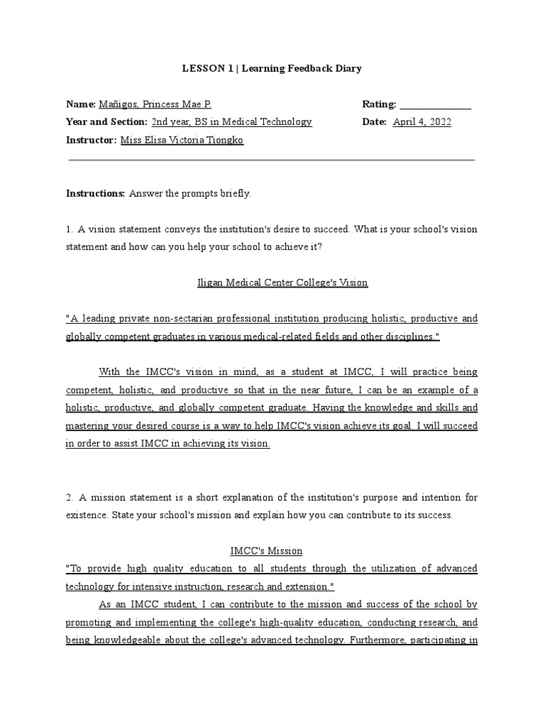Mañigos, Princee Mae P. - Lesson 1 - Learning Feedback Diary-1 | PDF ...