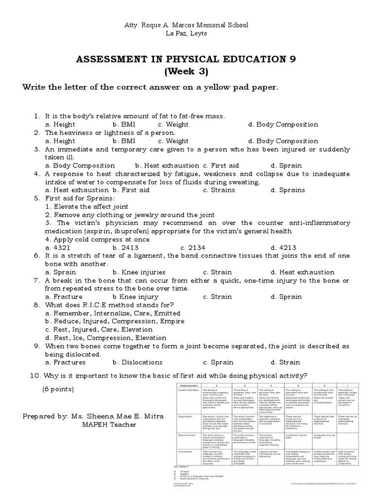 ASSESSMENT IN PHYSICAL EDUCATION 9week3 | PDF