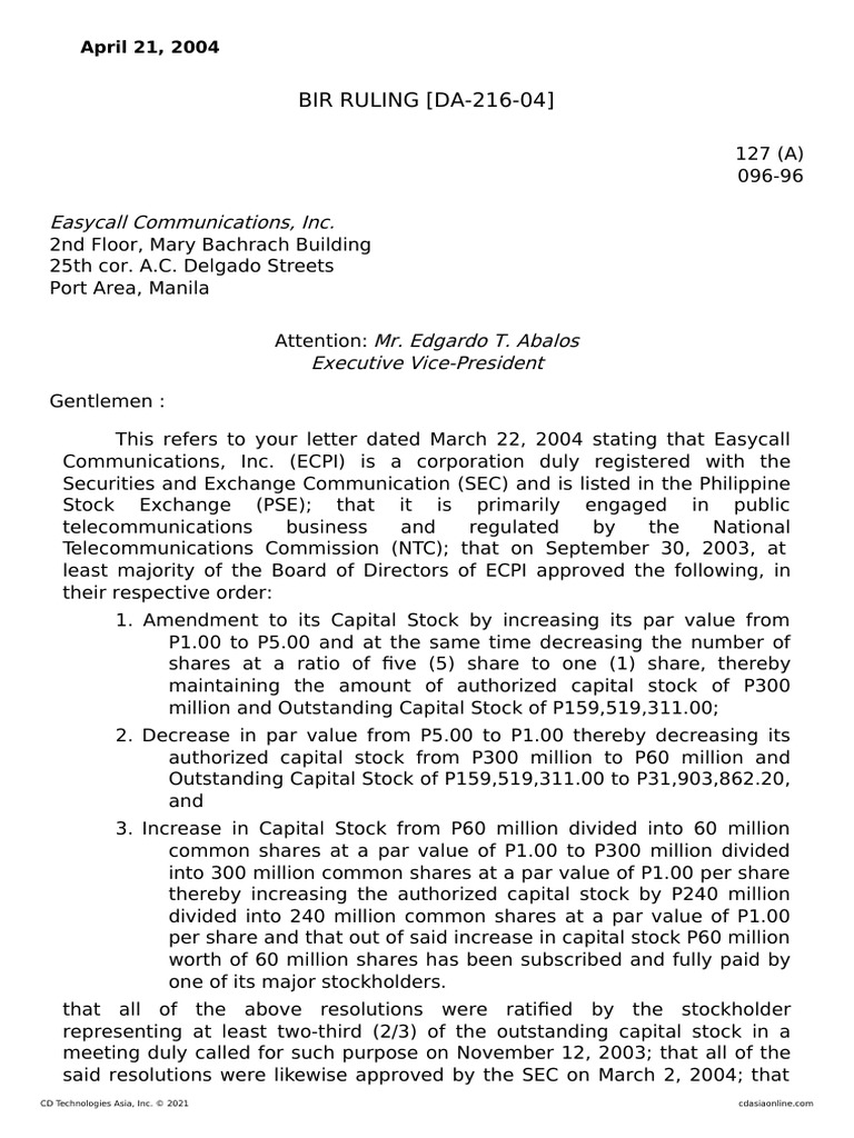 BIR RULING (DA-216-04) : Easycall Communications, Inc | PDF | Stocks ...