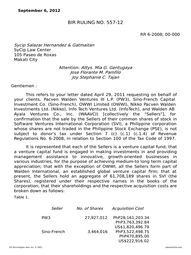 BIR Ruling No. 557-12 Dated September 6, 2012 | PDF | Taxes | Liquidation