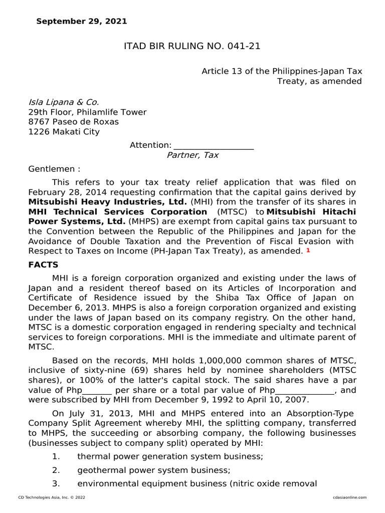 Isla Lipana & Co., ITAD BIR Ruling No. 041-21 Dated September 29, 2021 ...