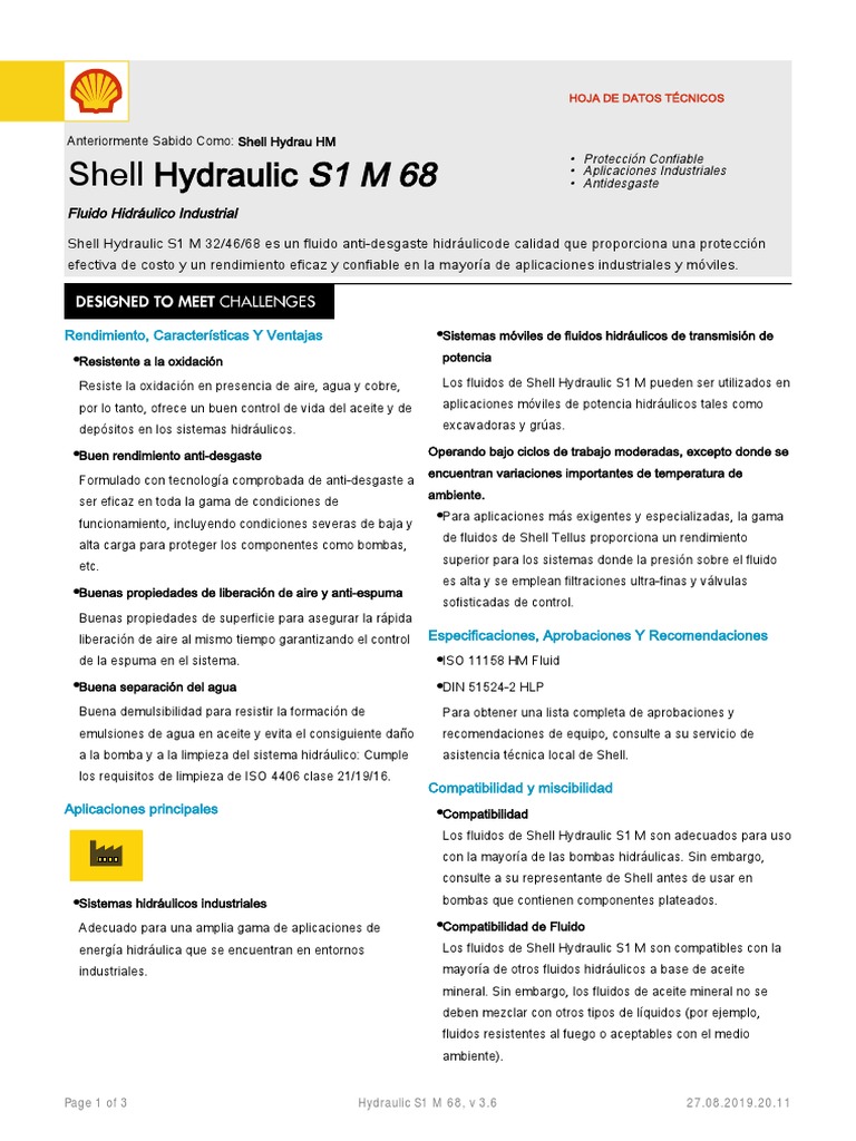 Shell Hydraulic S1 M 68: Rendimiento, Características Y Ventajas | PDF ...