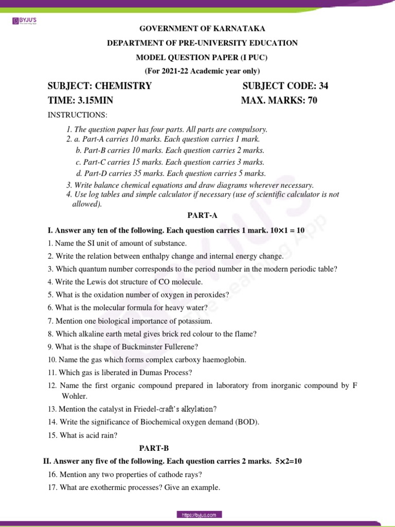 1st PUC Chemistry Model Question Paper | PDF | Hydrogen | Chemical Bond