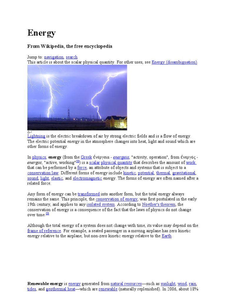 Energy: From Wikipedia, The Free Encyclopedia | PDF | Renewable Energy ...