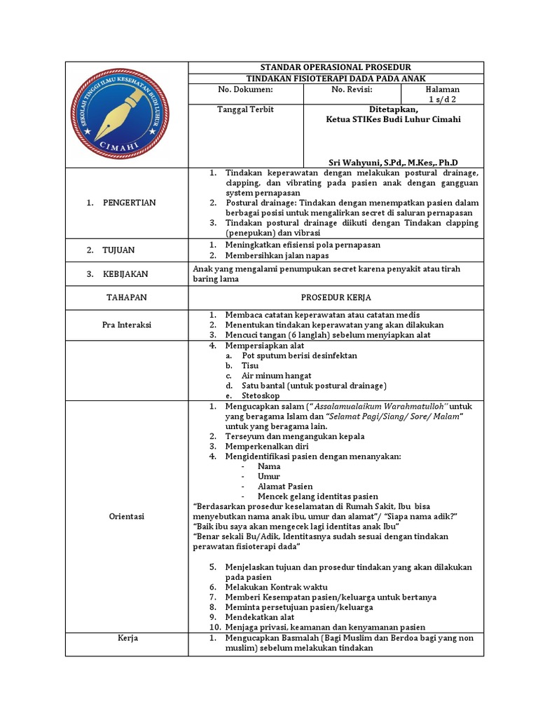 Sop Tindakan Fisioterapi Dada Pada Anak | PDF