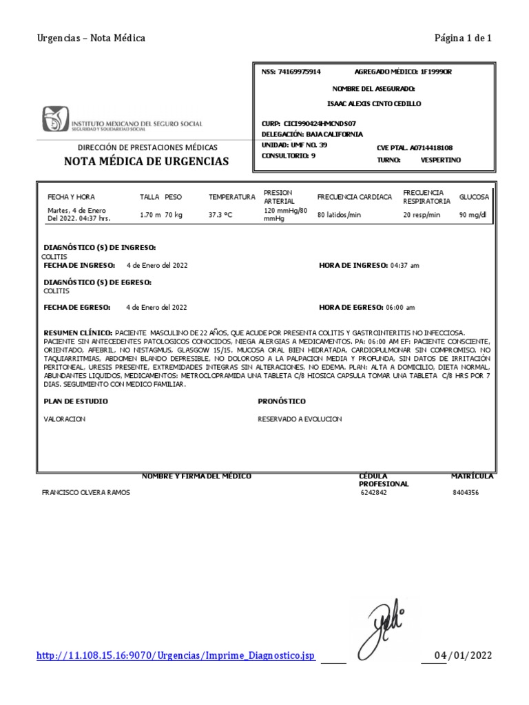 Isaac Alexis Cinto Cedillo Nota Medica | PDF | Enfermedades y ...
