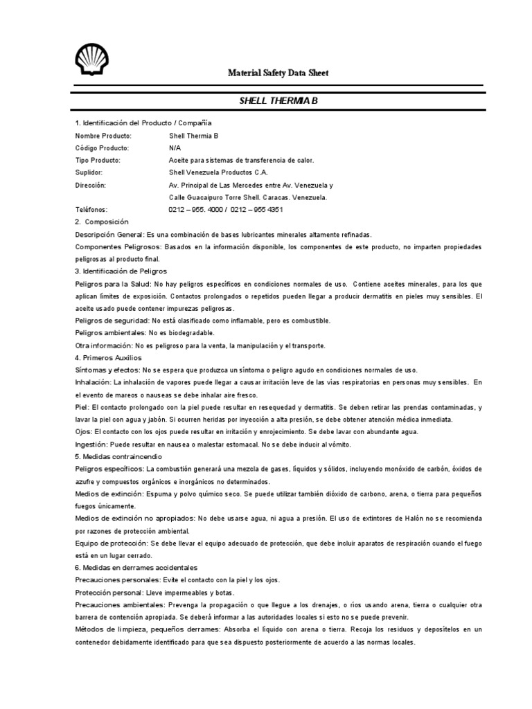 Shell Thermia B Hoja de Seguridad | PDF | Agua | Residuos
