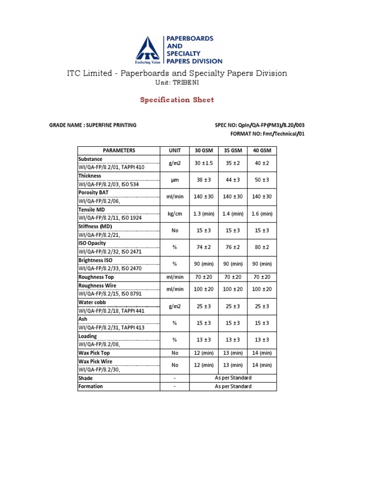 ITC Limited - Paperboards and Specialty Papers Division: Specification ...