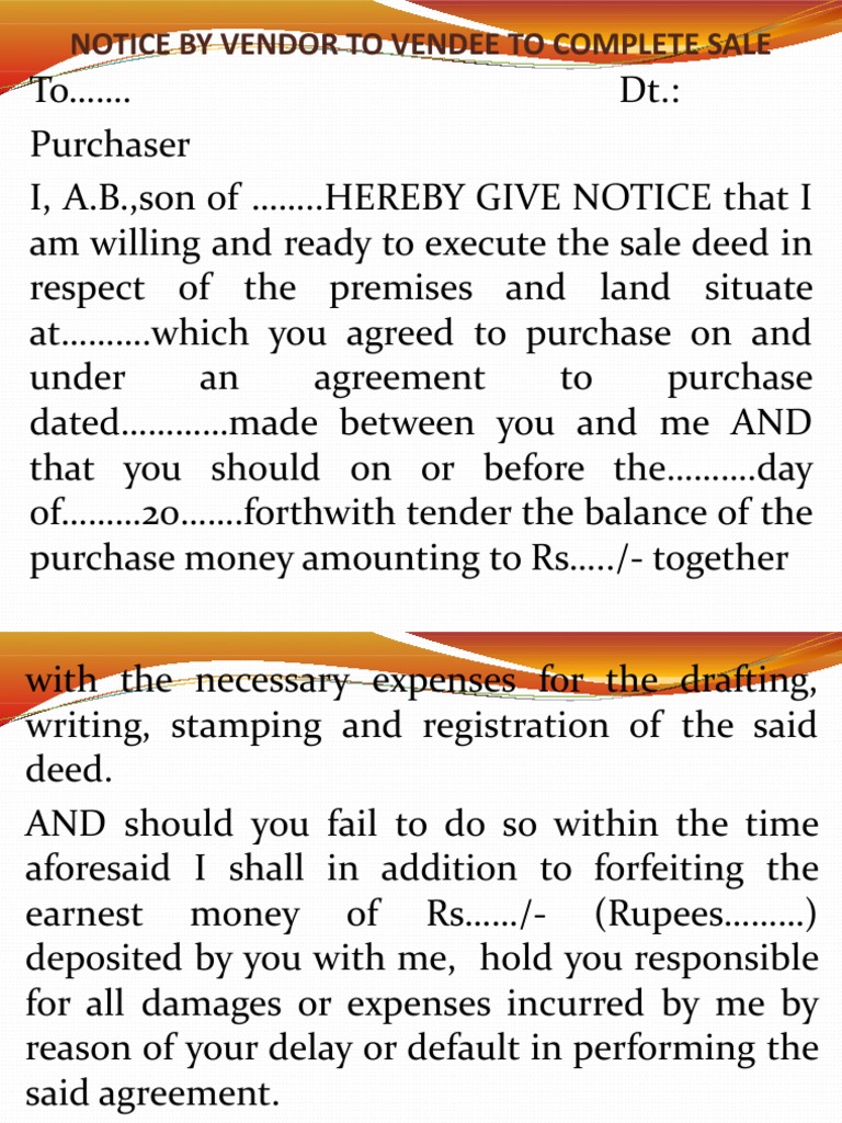 Notice to Purchaser to Complete Property Sale by Paying Outstanding ...