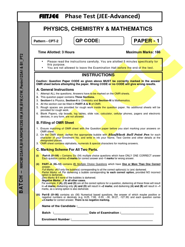 FIITJEE - Phase Test (JEE-Advanced) : Physics, Chemistry & Mathematics ...
