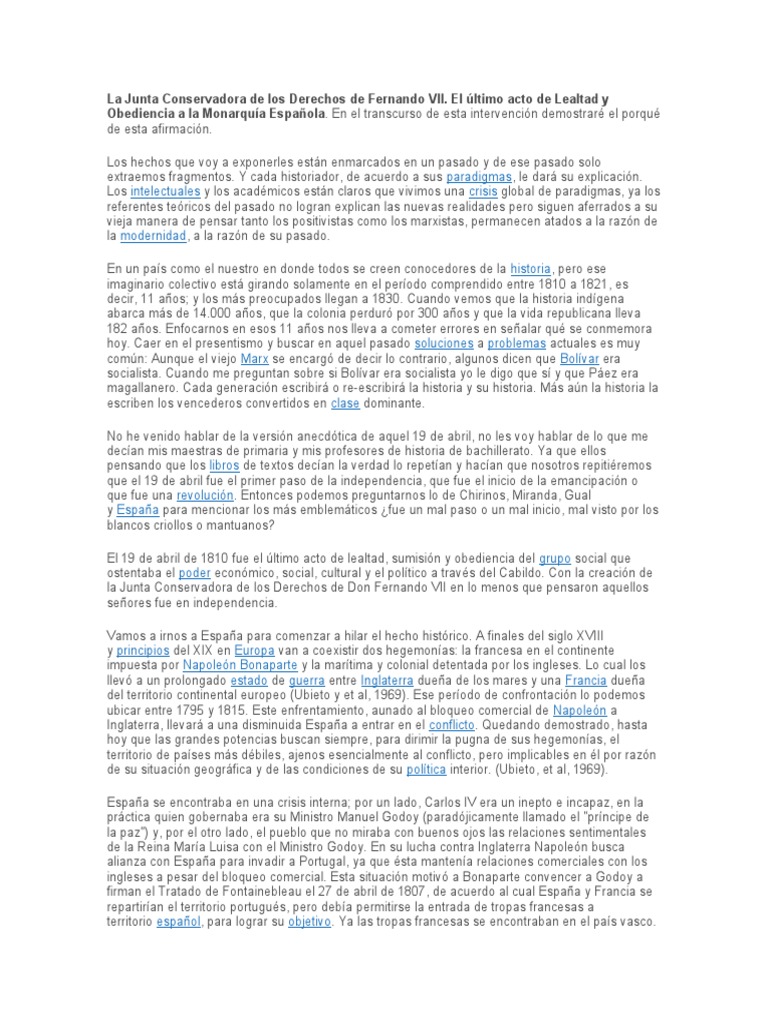 La Junta Conservadora de Los Derechos de Fernando VII | PDF
