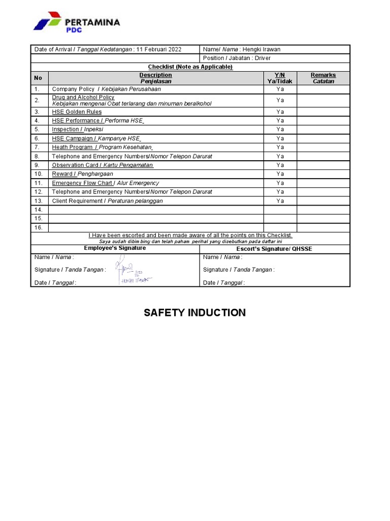 SAFETY INDUCTION CHECKLIST | PDF