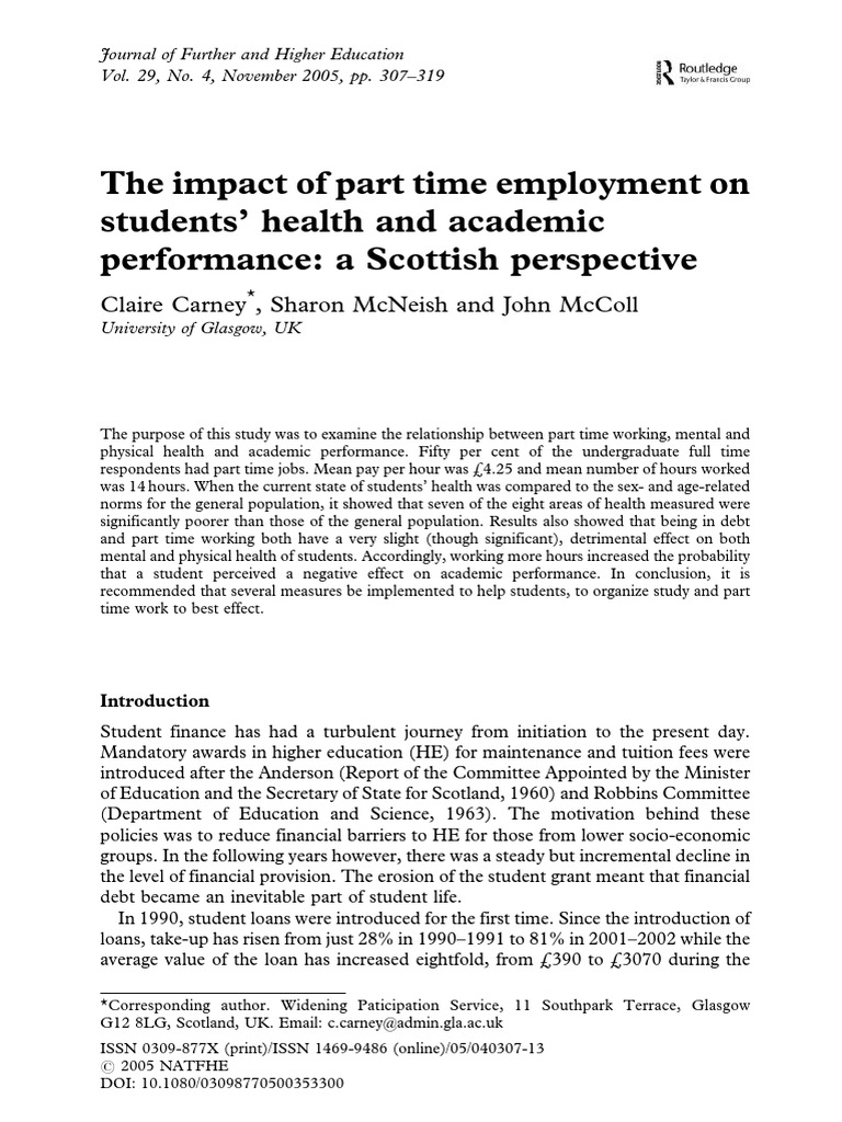 The Impact of Part Time Employment On Students' Health and Academic ...