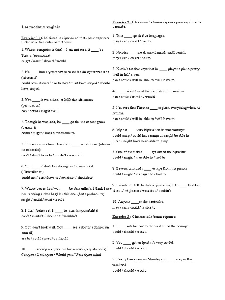 Les Modaux Anglais: Exercice 2 | PDF