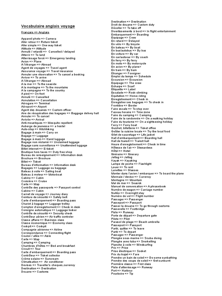 Vocabulaire Anglais Voyage | PDF | Baggage | Transport