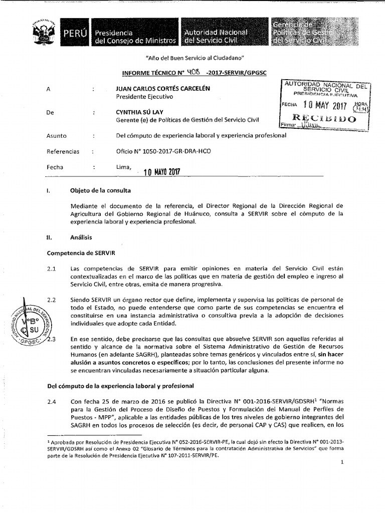 Del cómputo de la experiencia laboral y profesional según la Directiva N° 001-2016-SERVIR/GDSRH ...